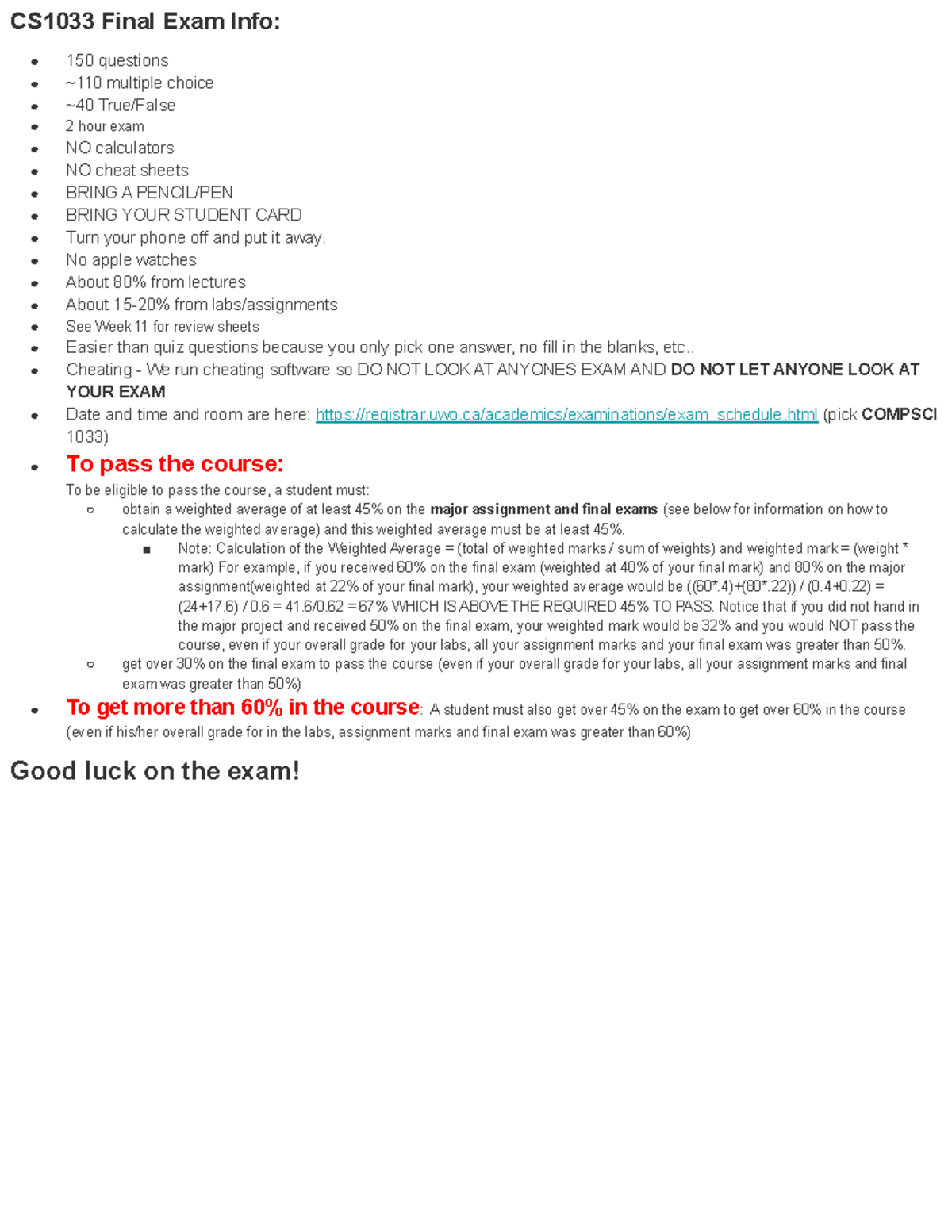 Computer Science Exam Review Sheet - CS1033 Final Exam Info: 150 ...