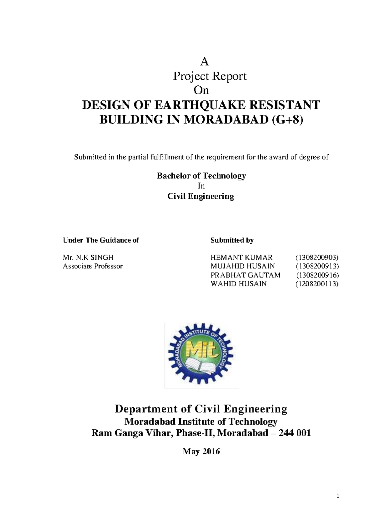 Project Report on Earthquake Resistant Building Design (B.Tech CE ...