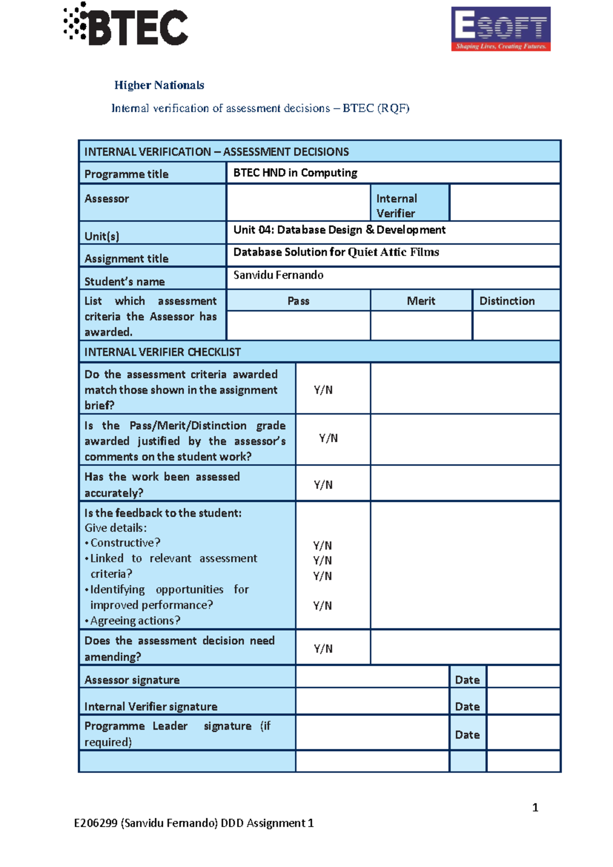 BTEC HND Computing - Unit 04: Database Design & Development Assignment ...