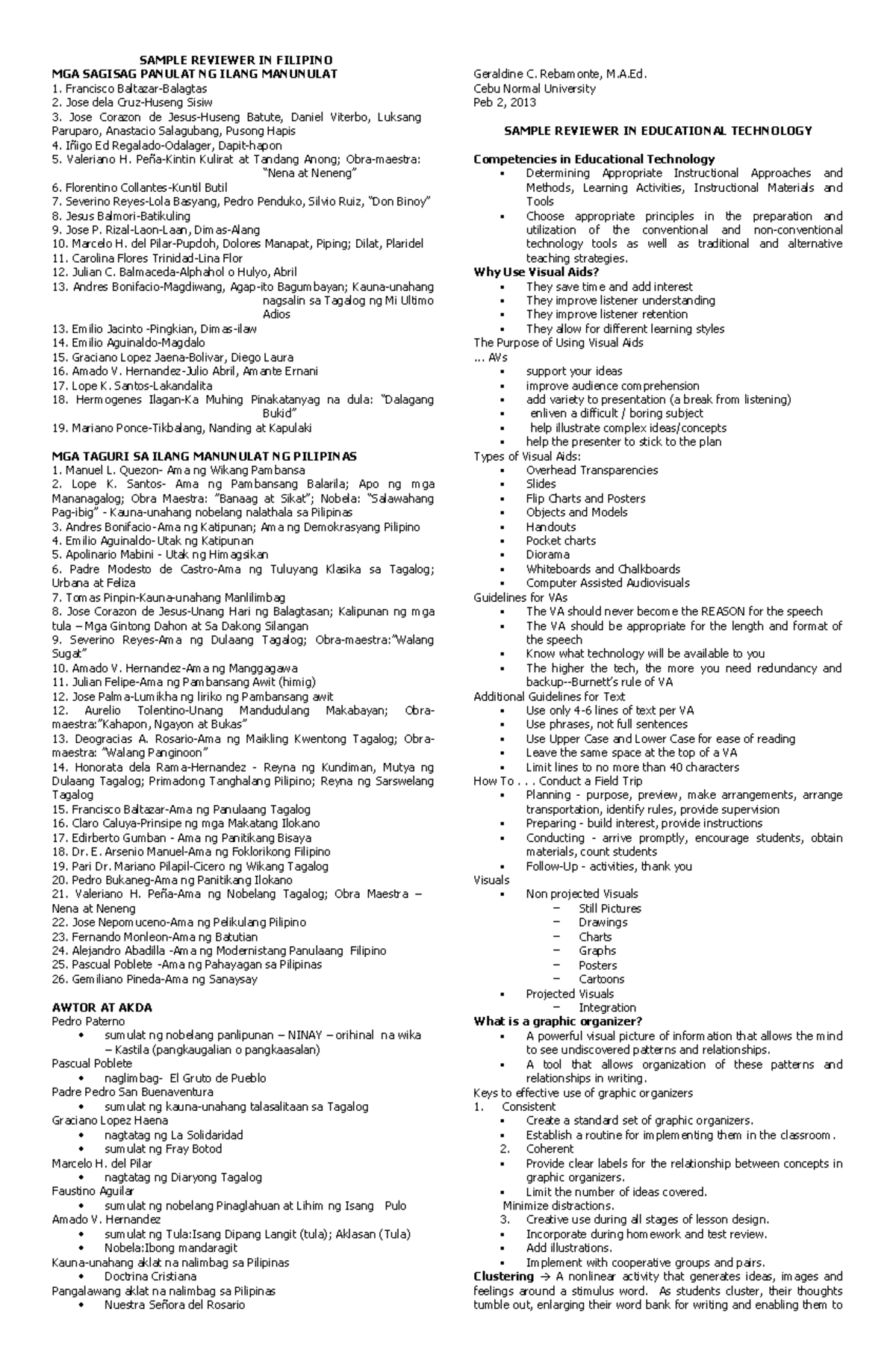 Filipino Reviewer Notes for LET Exams: Key Literary Figures and ...
