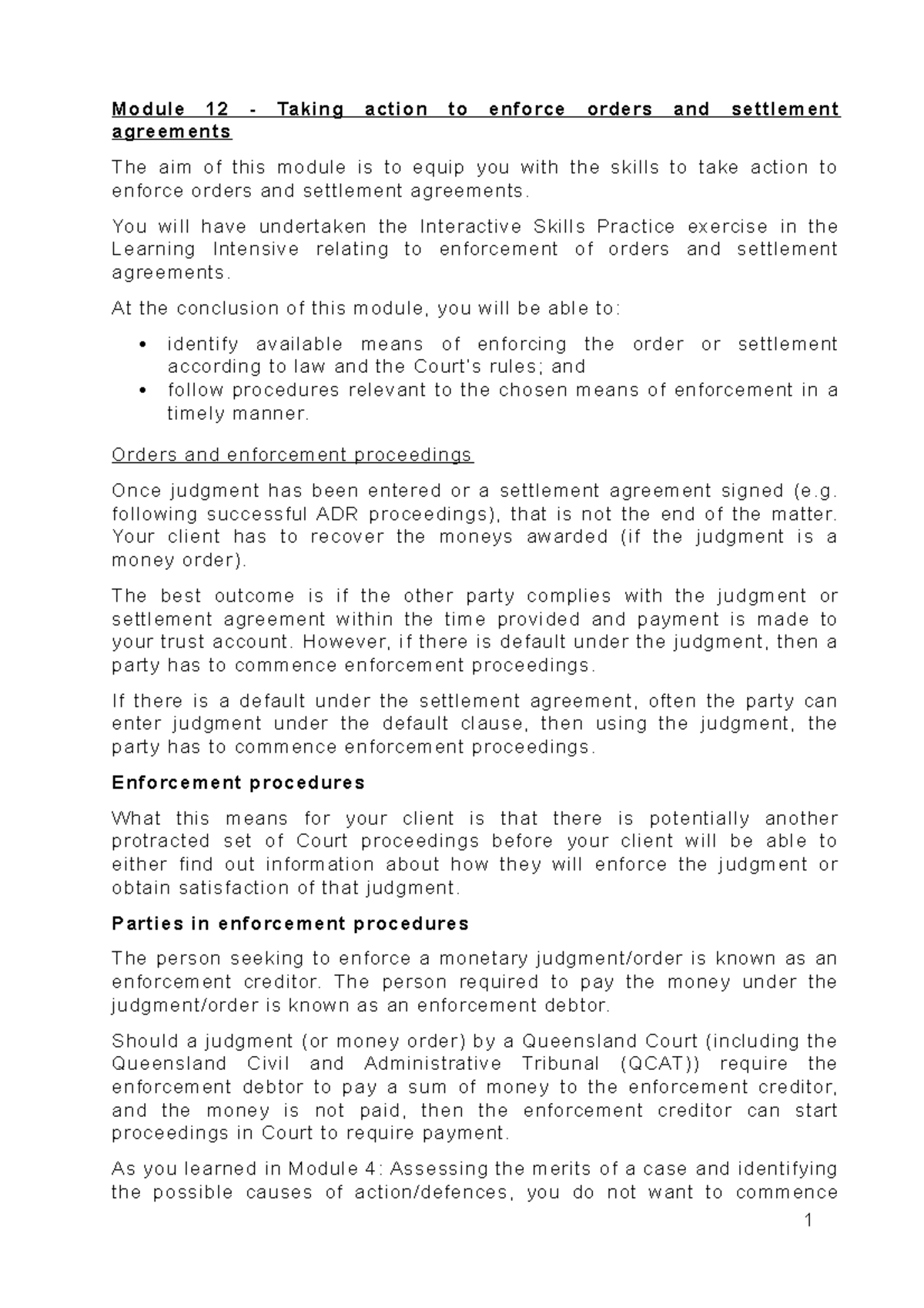 Module 12 - Taking action to enforce orders and settlement agreements ...