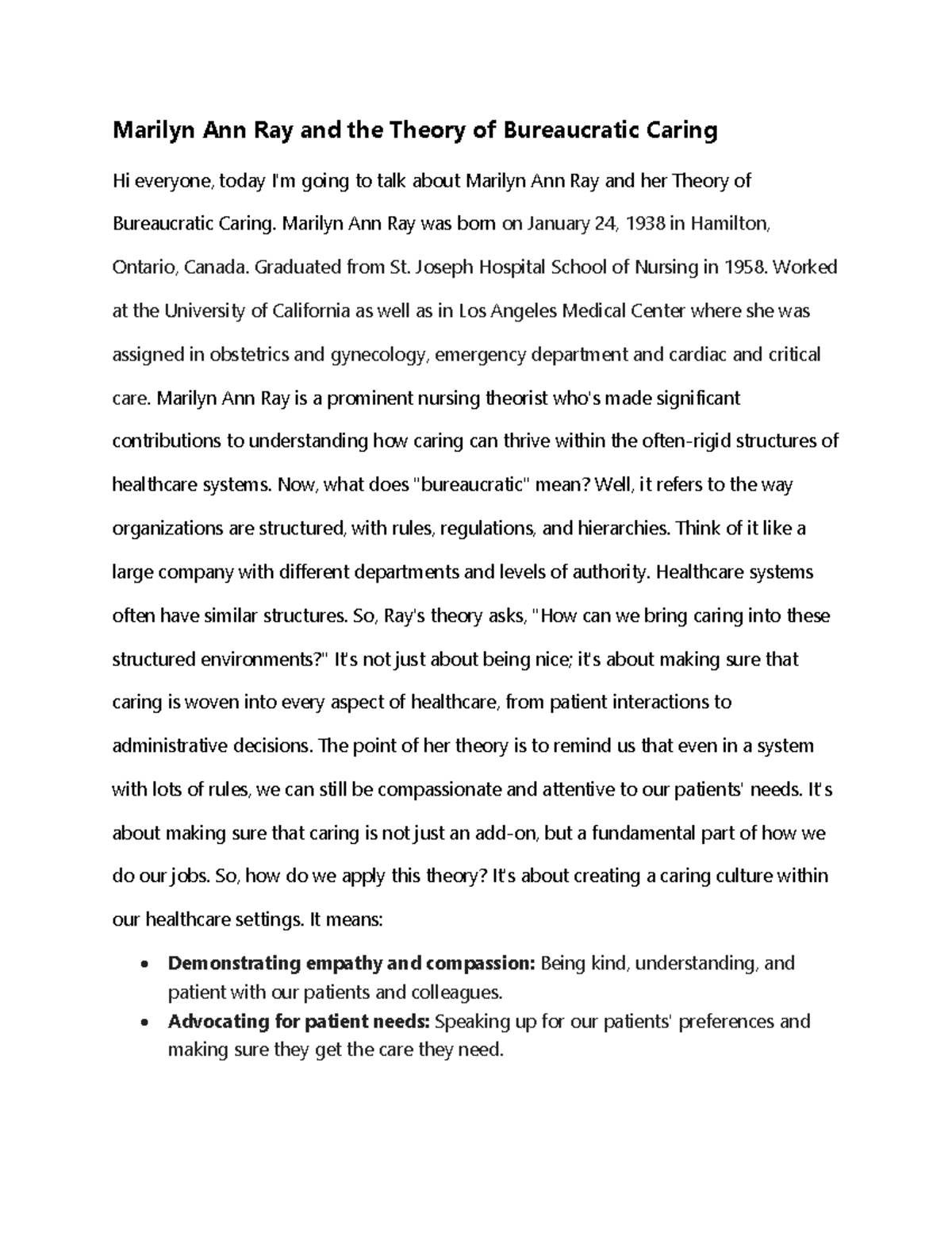 Marilyn Ann Ray and the Theory of Bureaucratic Caring - Marilyn Ann Ray ...