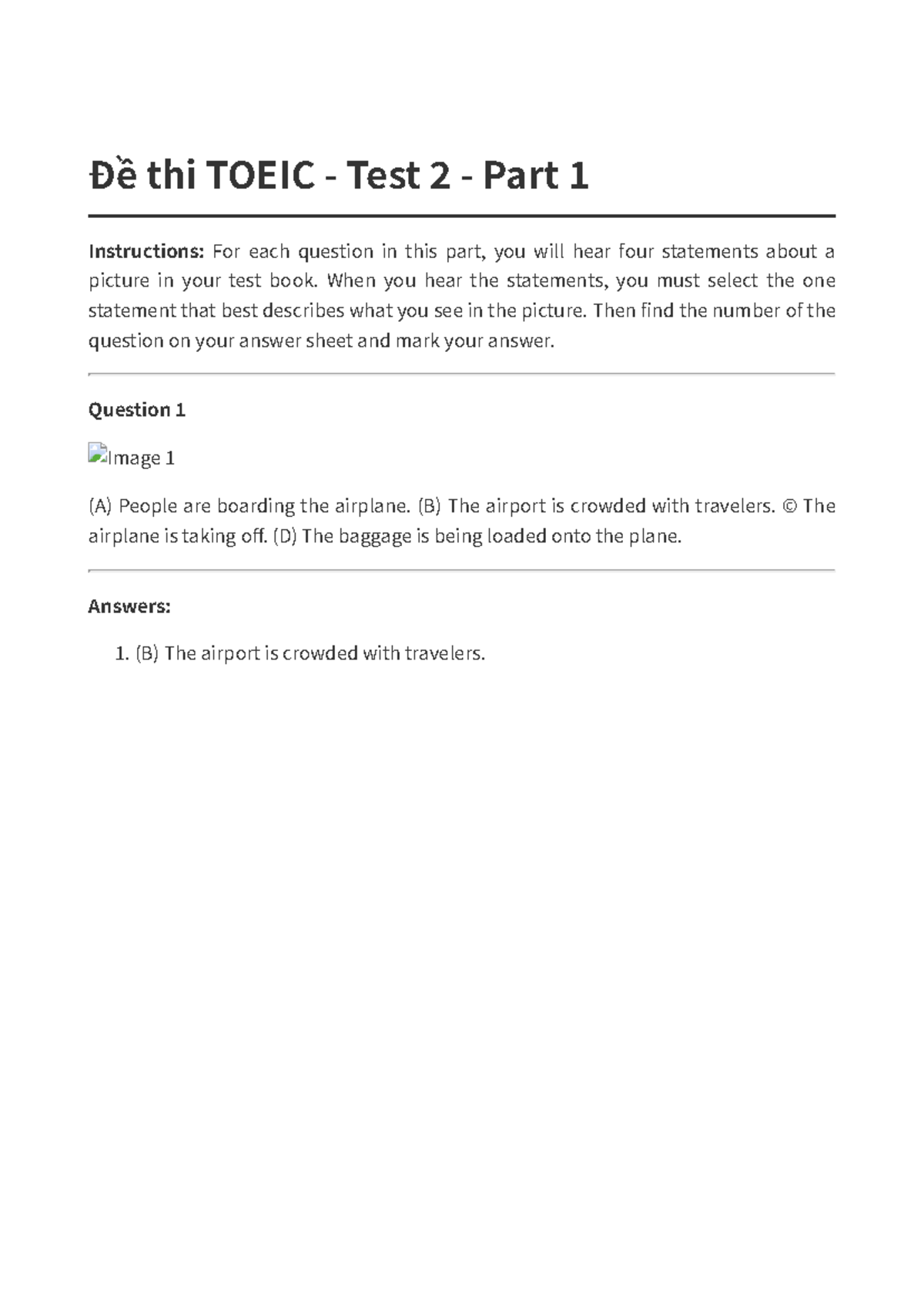 Đề thi TOEIC Test 2: Part 1 Photographs Analysis - Studocu