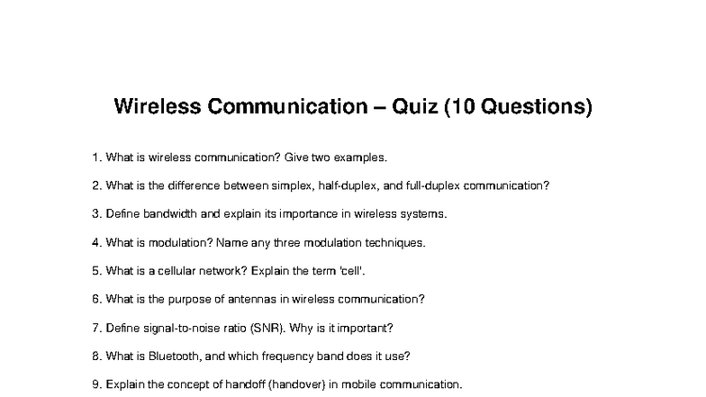 Wireless communication quiz - Wireless Communication – Quiz (10 ...