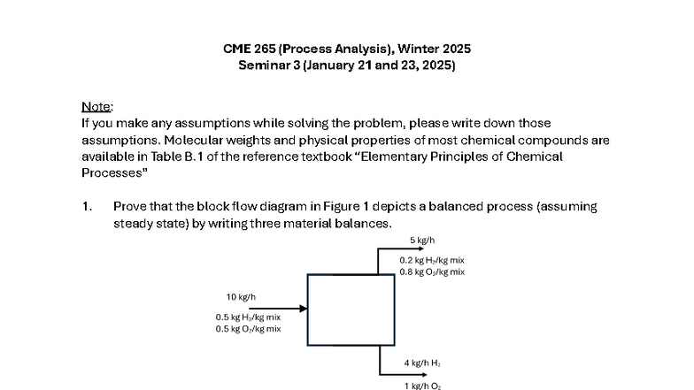 CME 265 Winter 2025 Seminar 3: Process Analysis and Material Balances ...