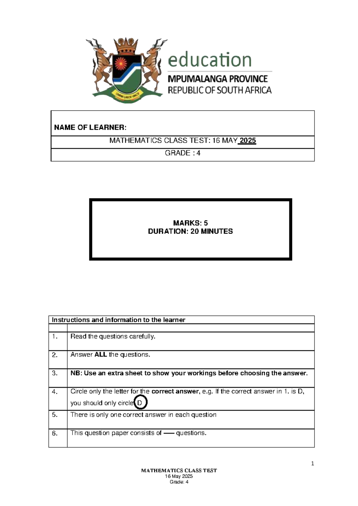 MATHEMATICS CLASS TEST GRADE 4 - 16 MAY 2025 - Studocu