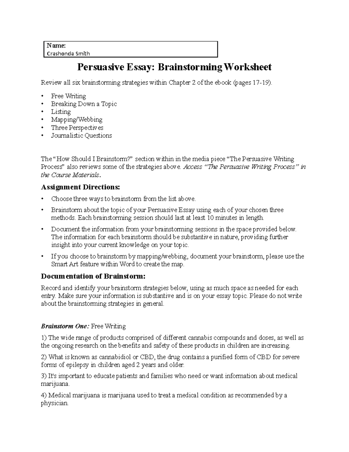 PHI105 T2 Brainstorming Worksheet -WK2-Crashonda - Name: Crashonda ...