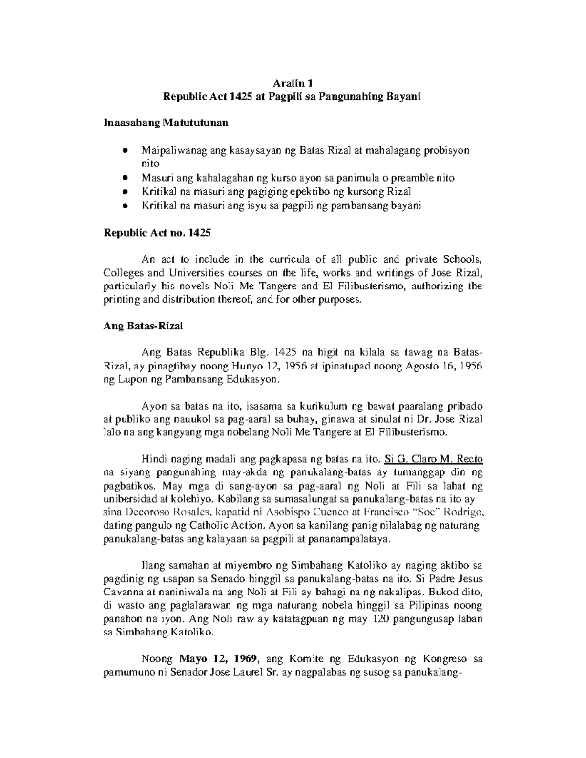 Aralin 1: Batas Rizal at Ang Pagpili ng Pambansang Bayani - Studocu