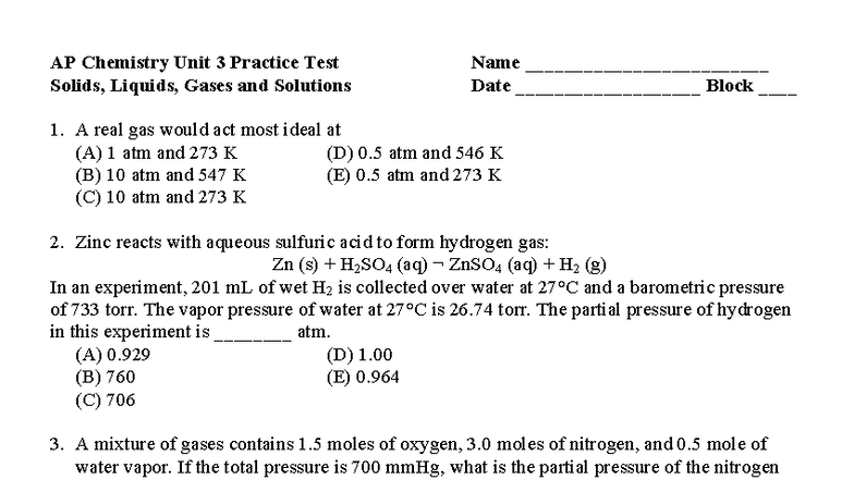 AP Chemistry Unit 3 Practice Test: Gases, Liquids, and Solutions - Studocu