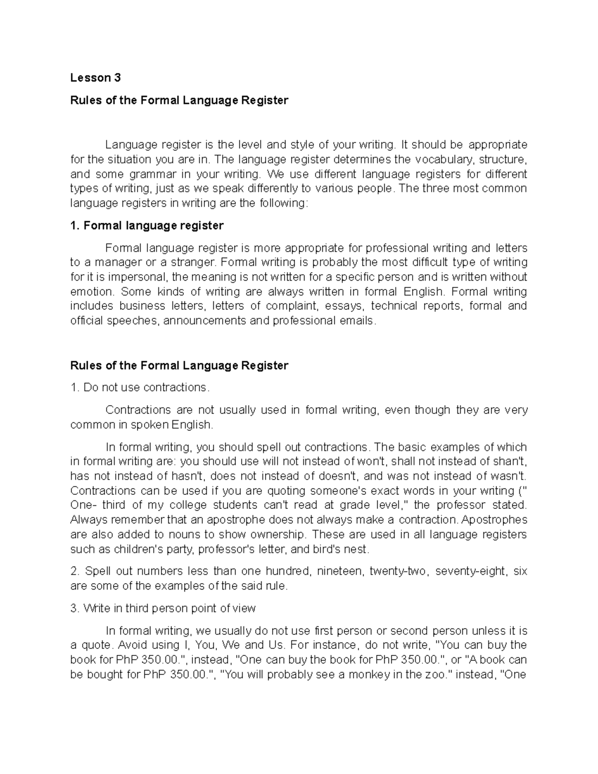 Lesson 3: Formal Language Register and Varieties of Language Use - Studocu