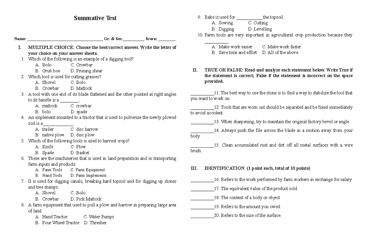 Agriculture Summative Test: Tool Identification & Usage (Agri 101 ...