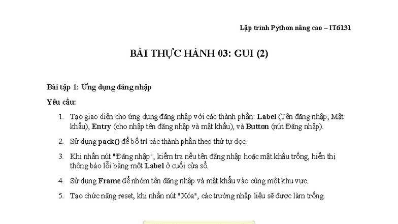 Lập trình Python nâng cao IT6131 Bài thực hành 03: Ứng dụng GUI - Studocu