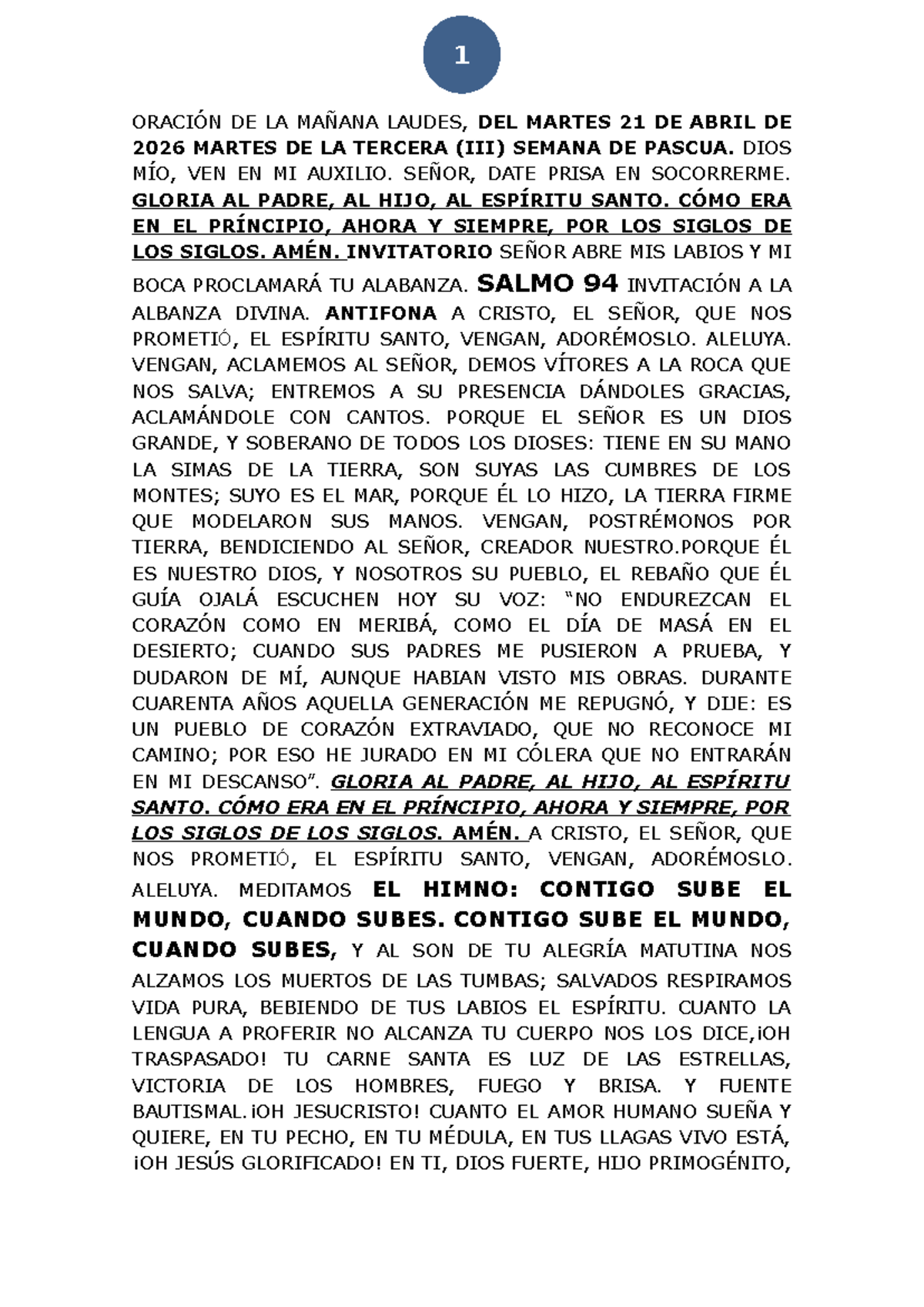 Oración y Salmos 94, 84 y 66 - Martes 21 de Abril 2026, 3ª Pascua - Studocu