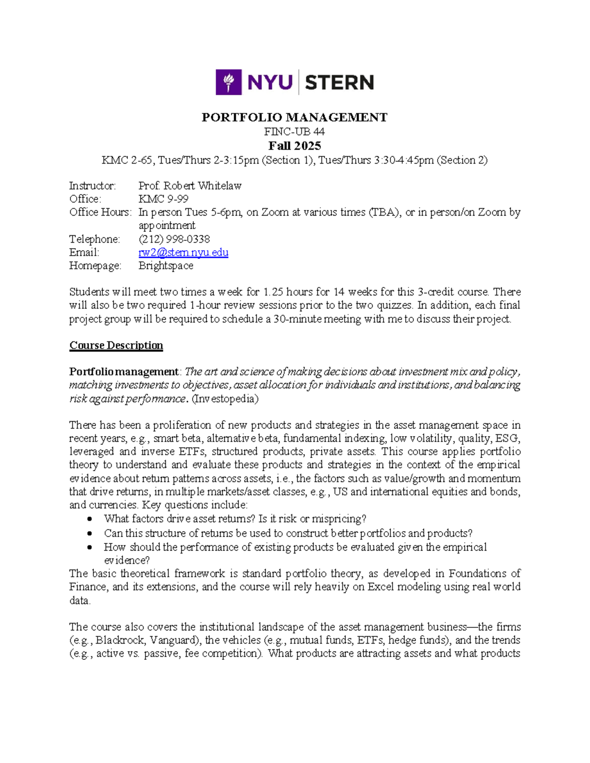 Portfolio Management 44: Fall 2025 Syllabus & Course Overview - Studocu