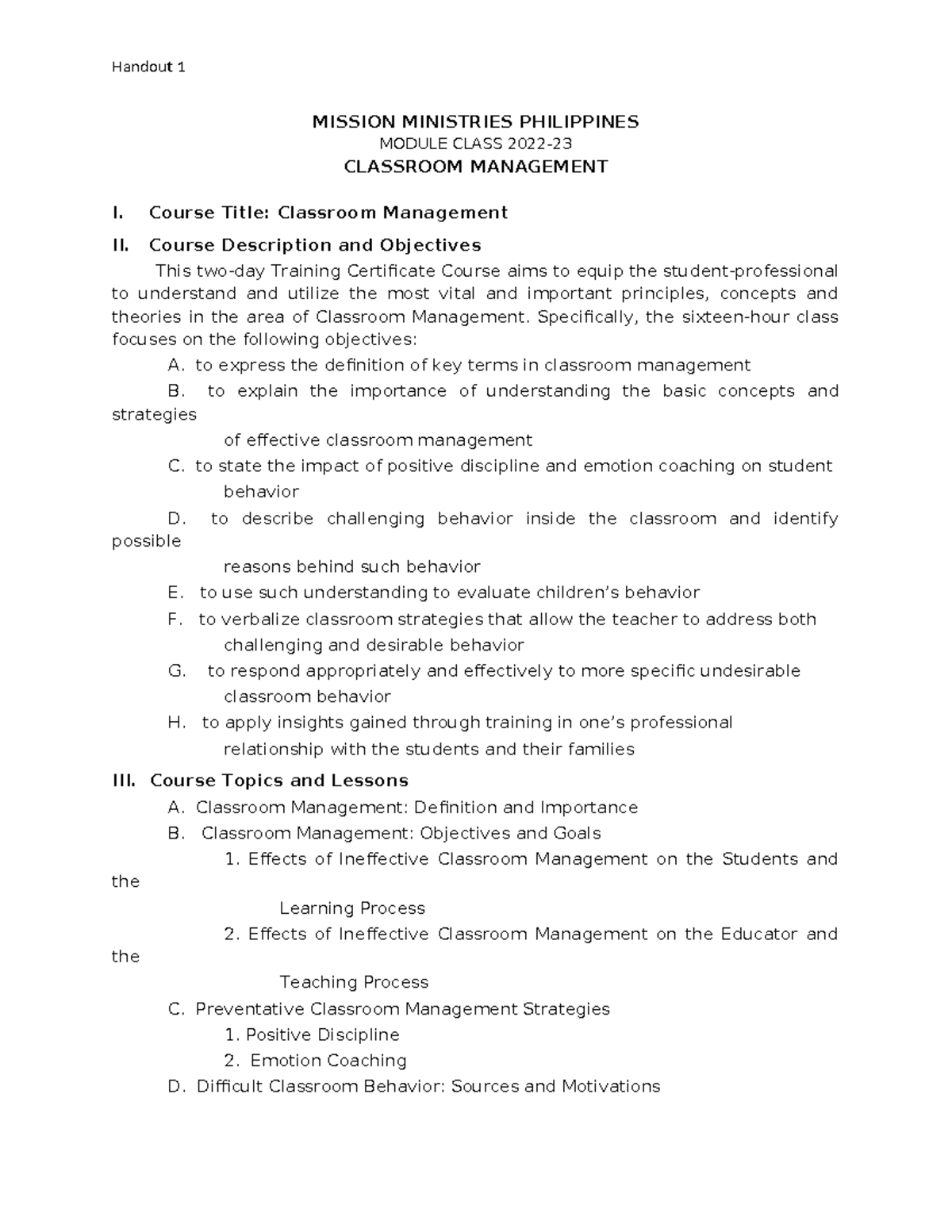 MMP Module Classroom Management Handout 1 - Handout 1 MISSION ...