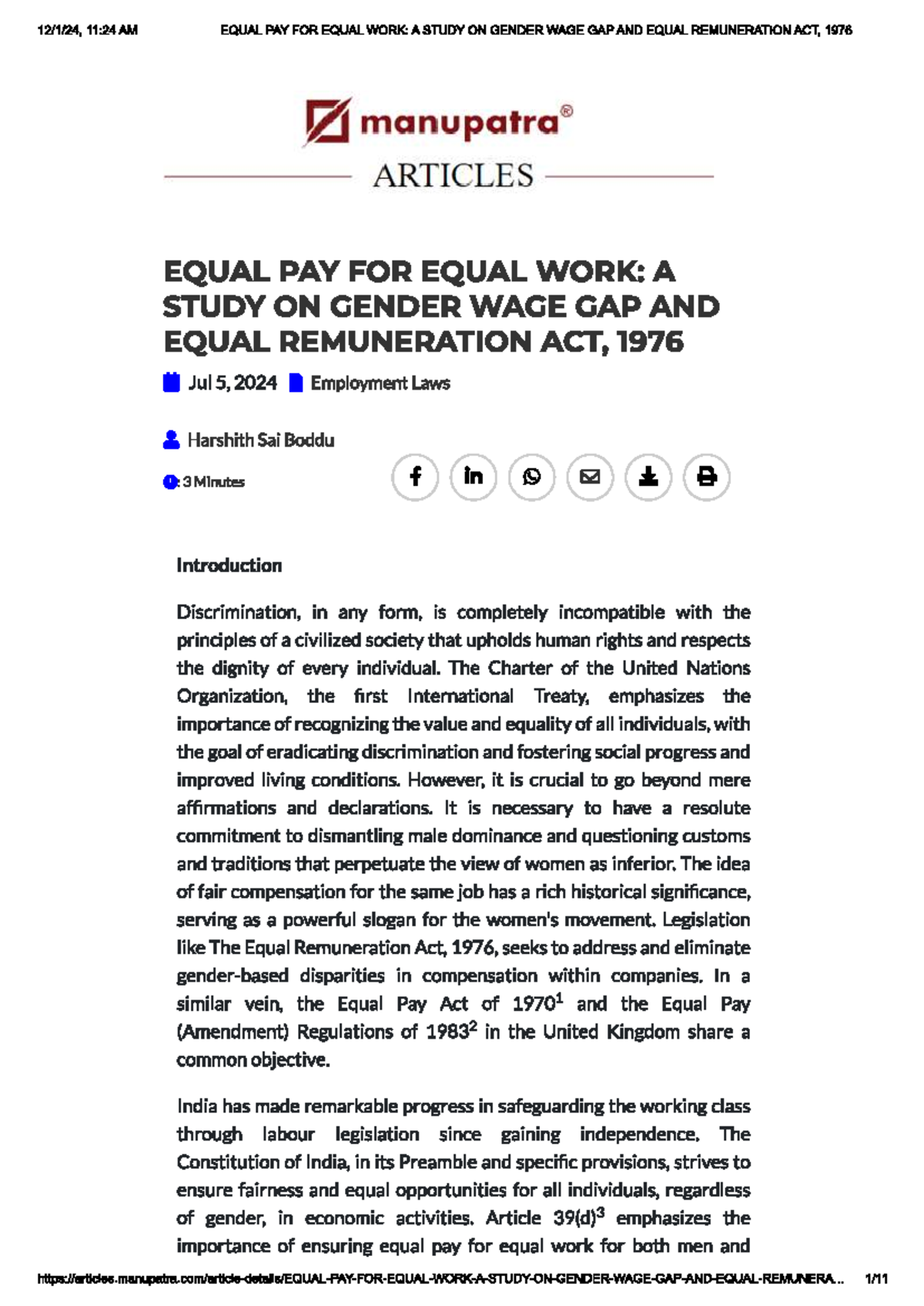 Critical Analysis of the Equal Remuneration Act: Gender Wage Gap ...