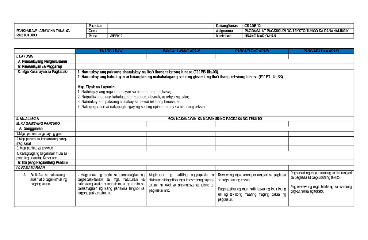 Pagbasa at Pagsusuri Q1 Week 2: Mga Layunin at Kasanayan sa Pagitan ng ...