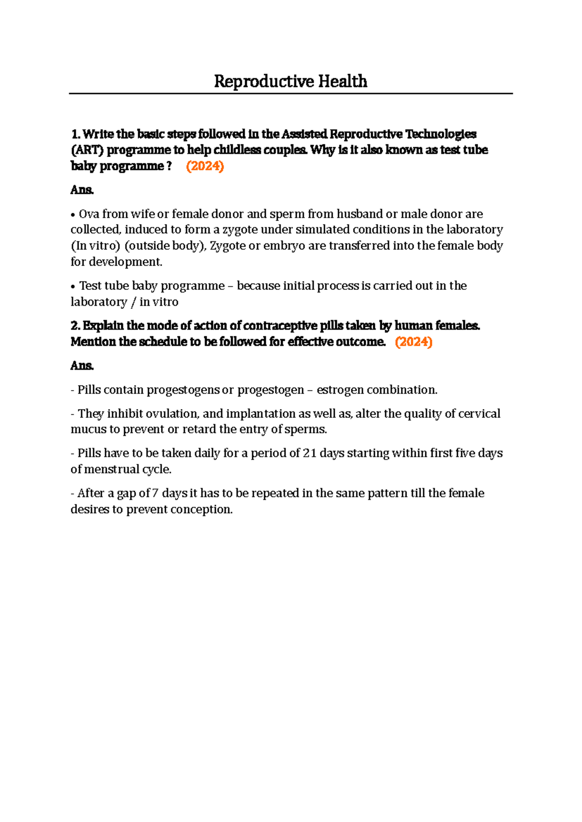 Reproductive Health PYQ: ART, Contraceptives, and Infertility Solutions (2024) - Studocu