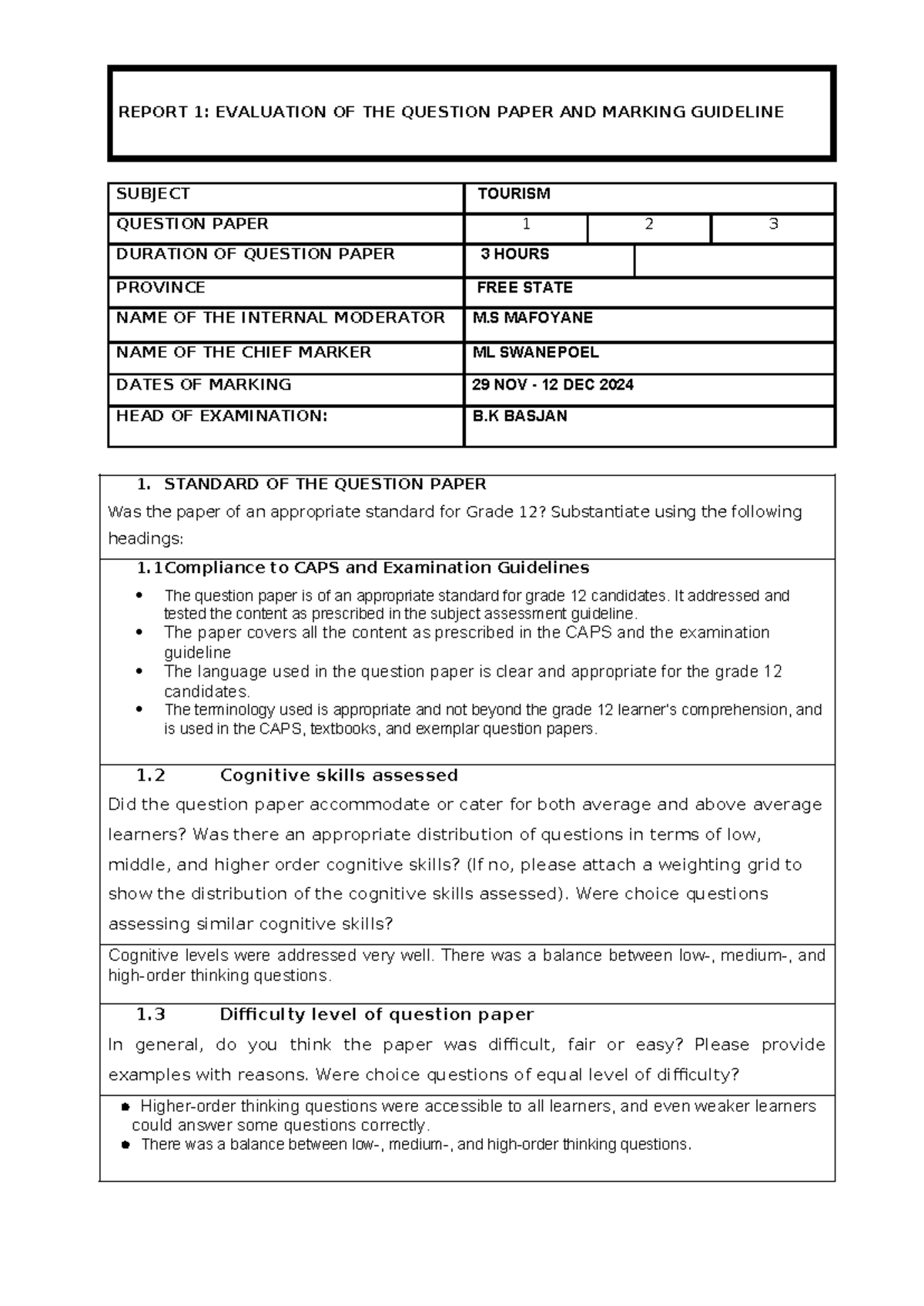 FS Tourism Report: Evaluation of Question Paper & Marking Guidelines ...