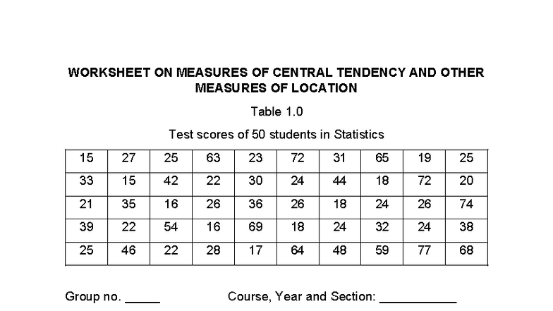 Worksheet on Central Tendency & Location Measures (STAT 101) - Studocu