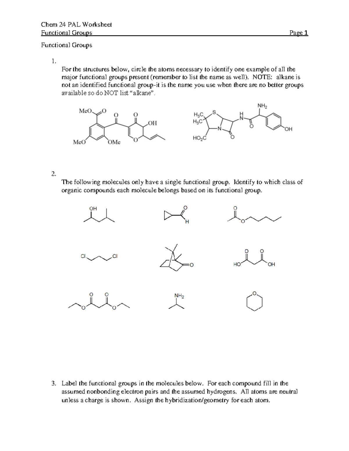 Chem 24 PAL Functional Groups Worksheet: Identification & Analysis ...
