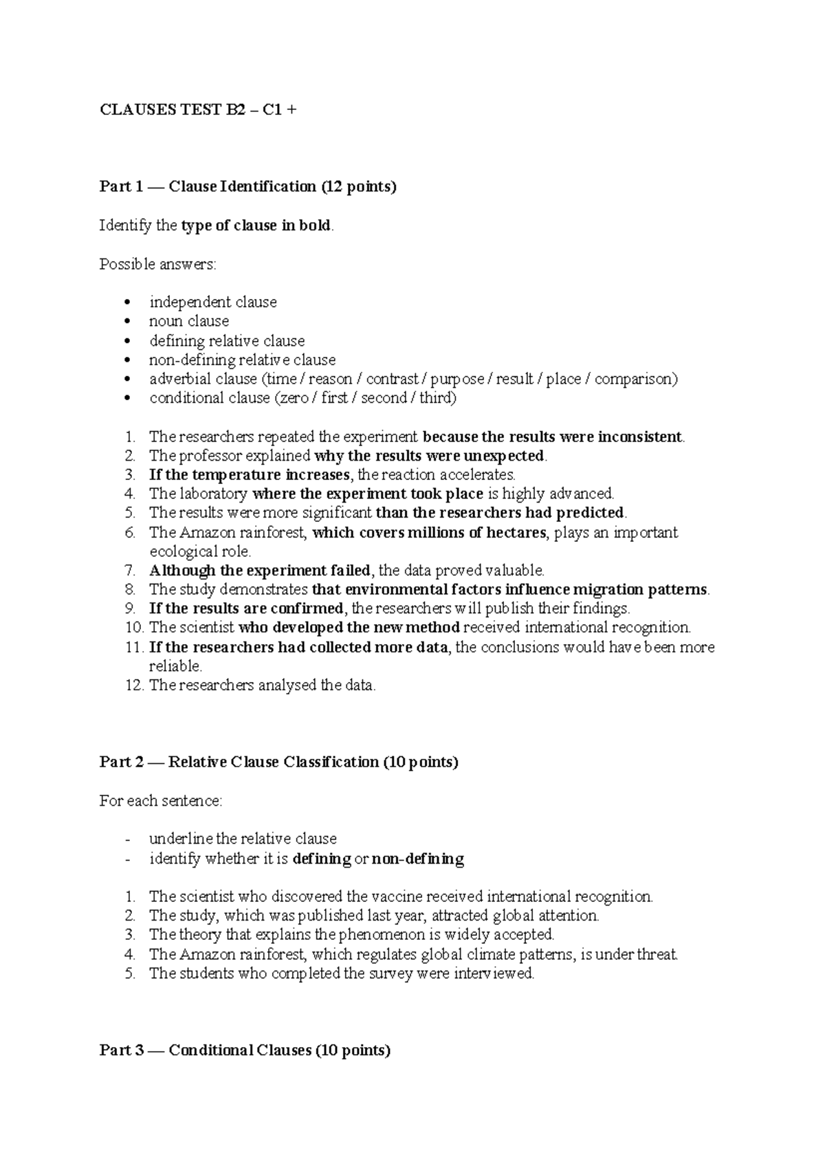 Clauses Test B2 C1: Identification and Classification Exercises - Studocu