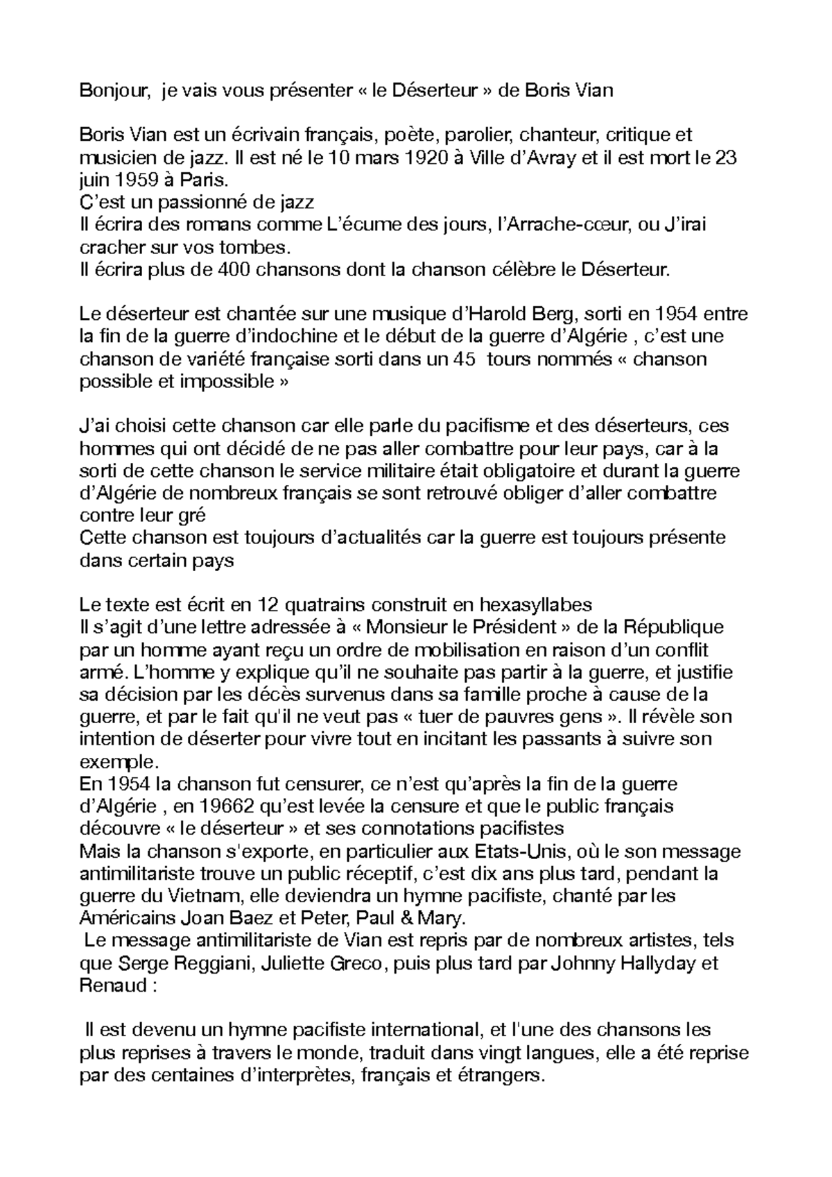 Analyse du Déserteur de Boris Vian - Cours de Littérature - Studocu
