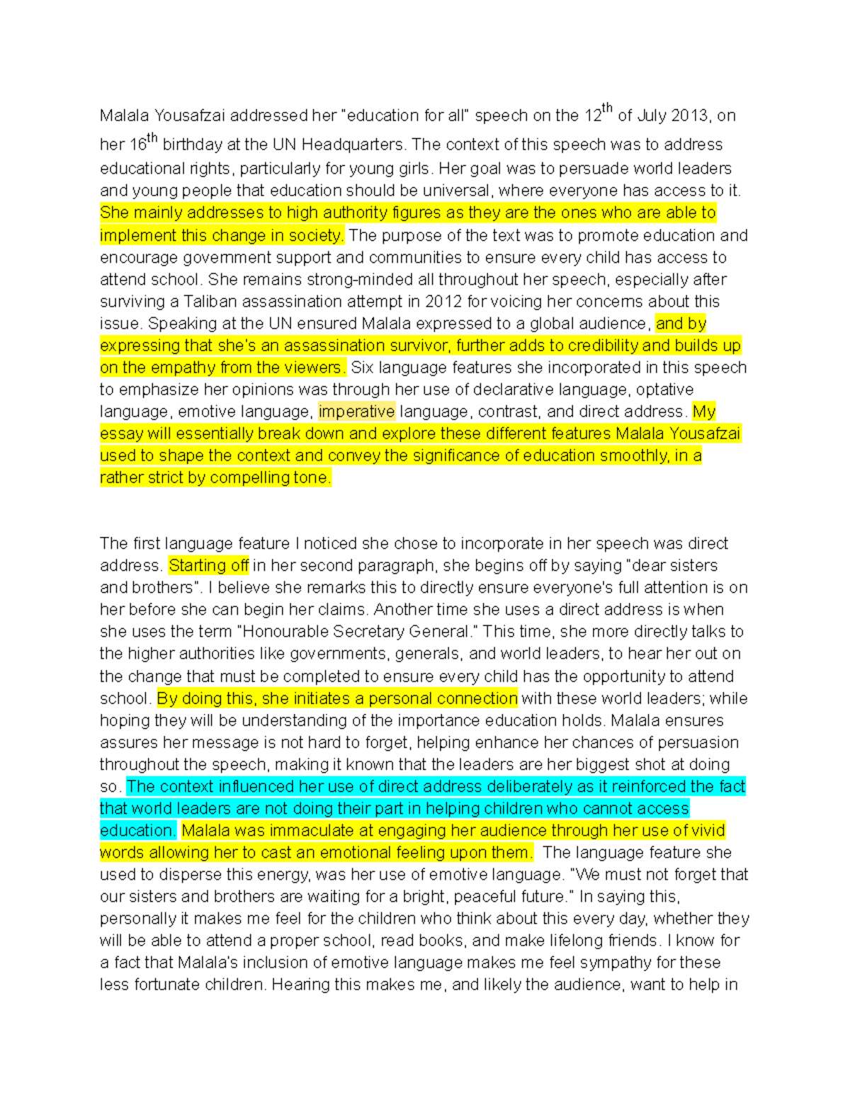 Analysis of Malala Yousafzai's UN Speech on Education - Studocu