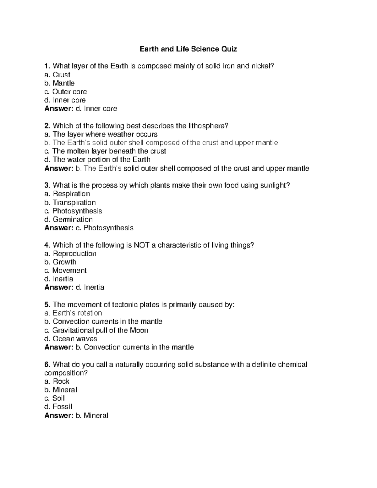Earth and Life Science Quiz 1: Key Concepts and Questions - Studocu