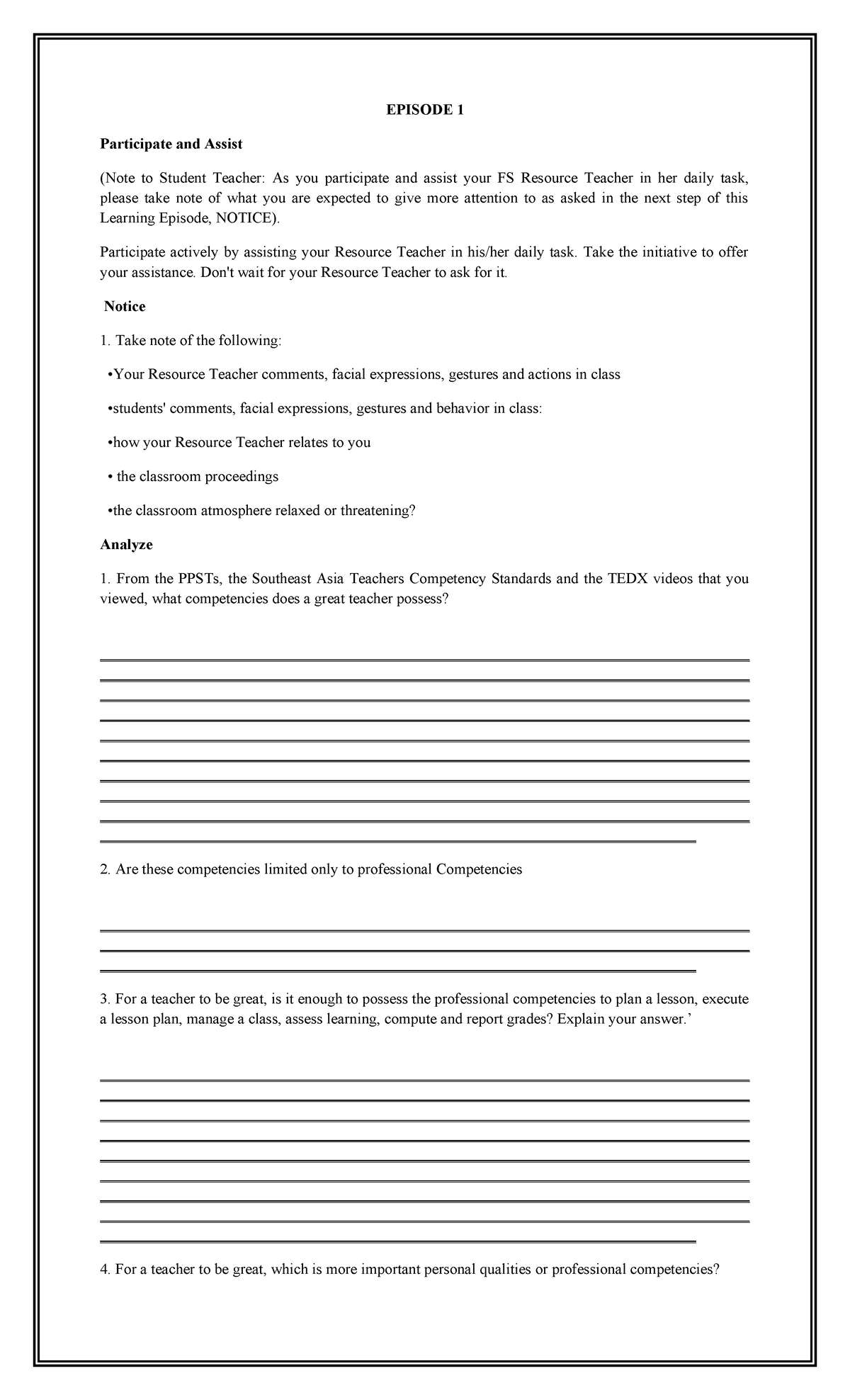 FS 2 Answer Sheet: Reflection and Analysis of Episodes 1-7 - Studocu