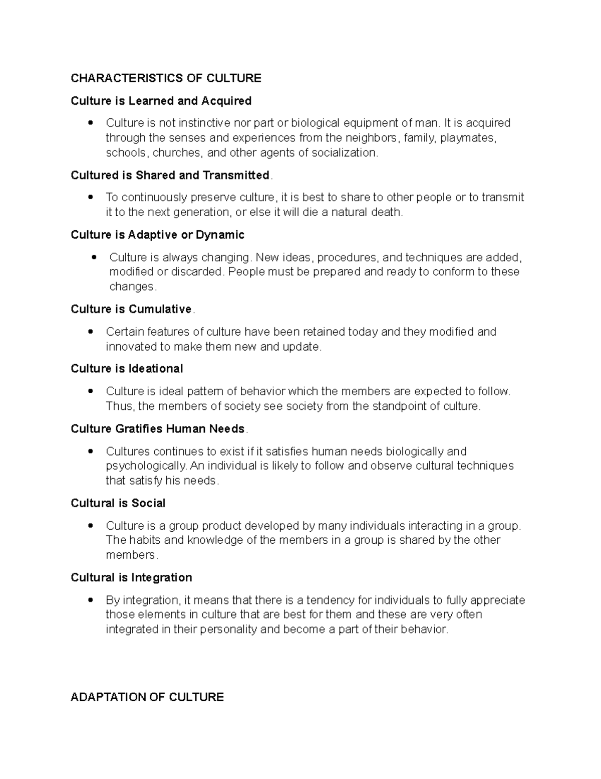 Characteristics OF Culture - CHARACTERISTICS OF CULTURE Culture is ...