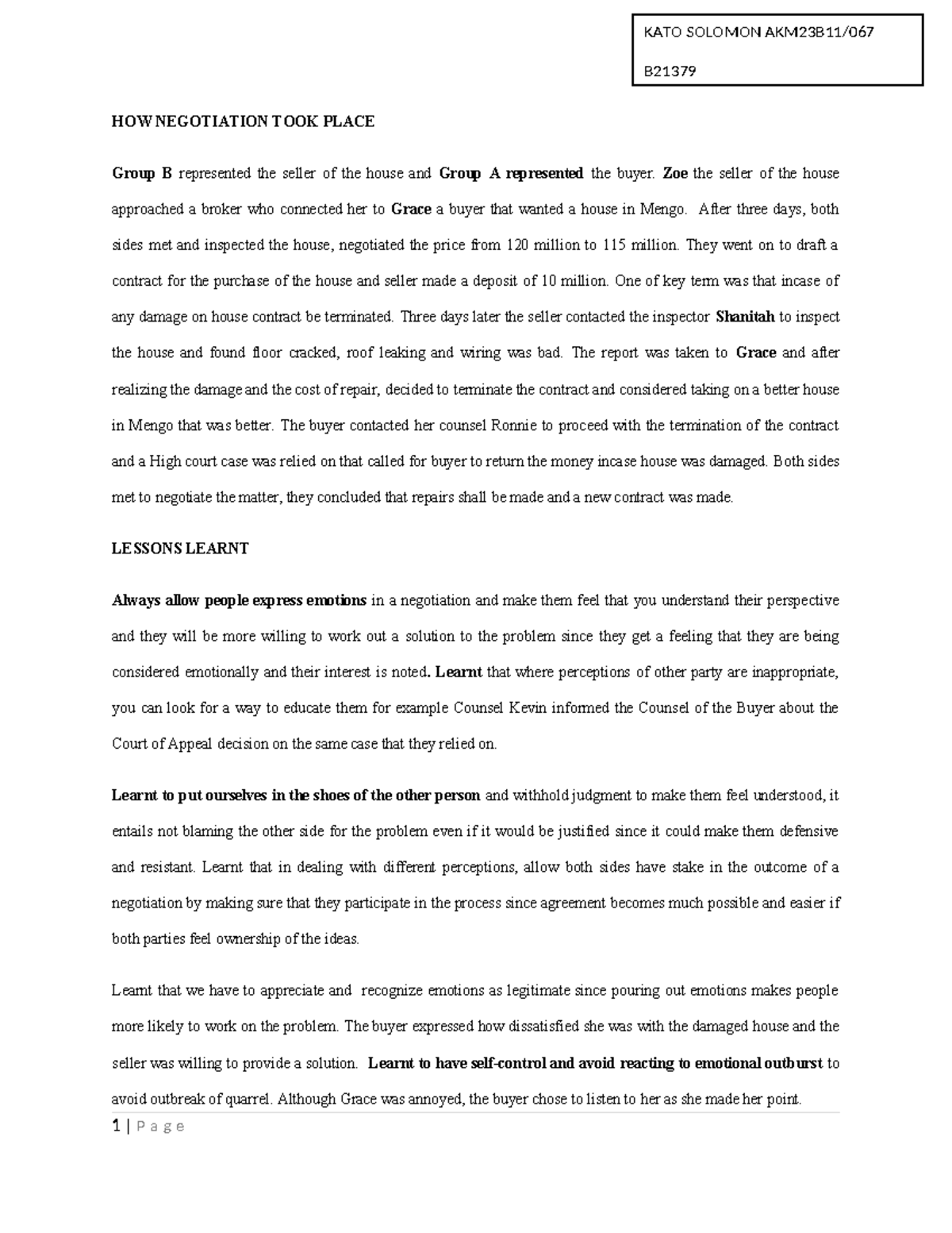 Negotiation Insights from Role Play Exercise 2 (B21379) - Studocu