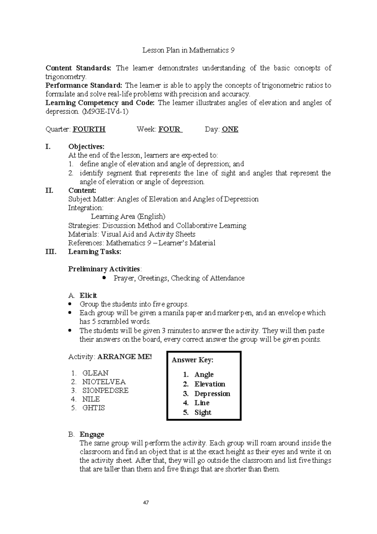 Mathematics 9 Lesson Plan: Angles of Elevation & Depression (M9GE-IVd-1 ...
