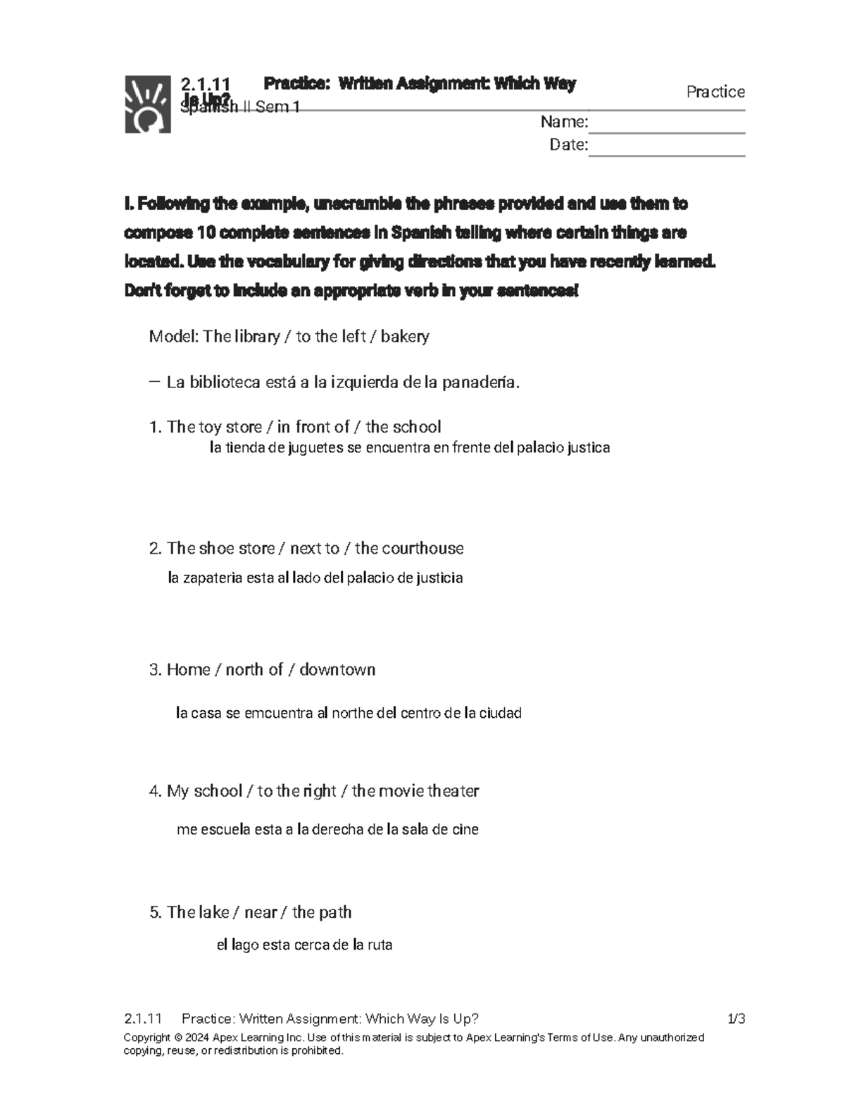 Spanish II Sem 1: 2.1.11 Written Assignment - Which Way Is Up? - Studocu