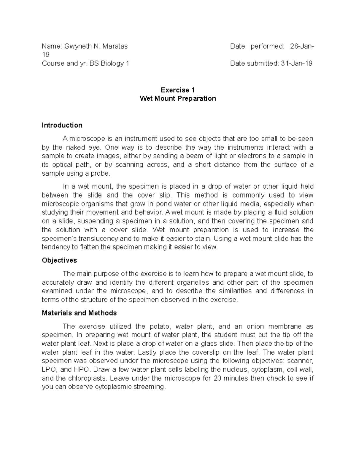 BOT 111.1 Wet Mount Preparation Lab Exercise 1 Report - Studocu