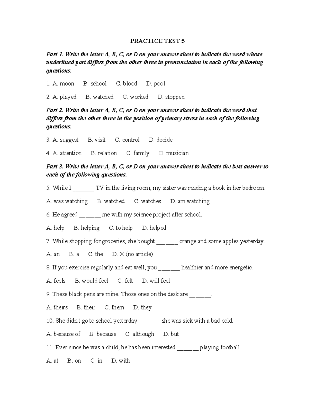 PRACTICE TEST 5: Listening and Reading Comprehension - Studocu