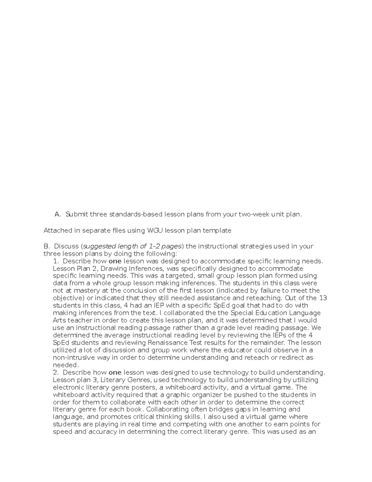 DTT2 Task 3 - DTT 2 - A. Submit three standards-based lesson plans from ...