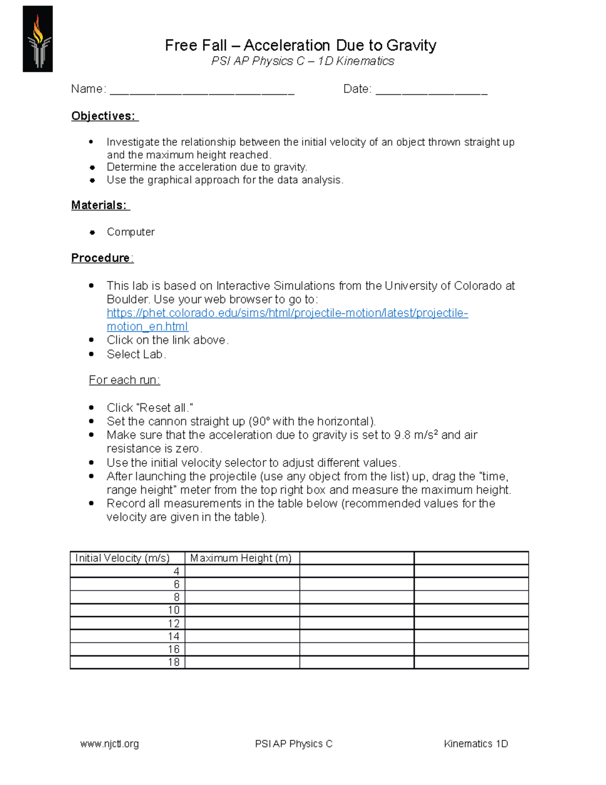 AP Physics C - 1D Kinematics Free Fall Lab Simulation (2018) - Studocu