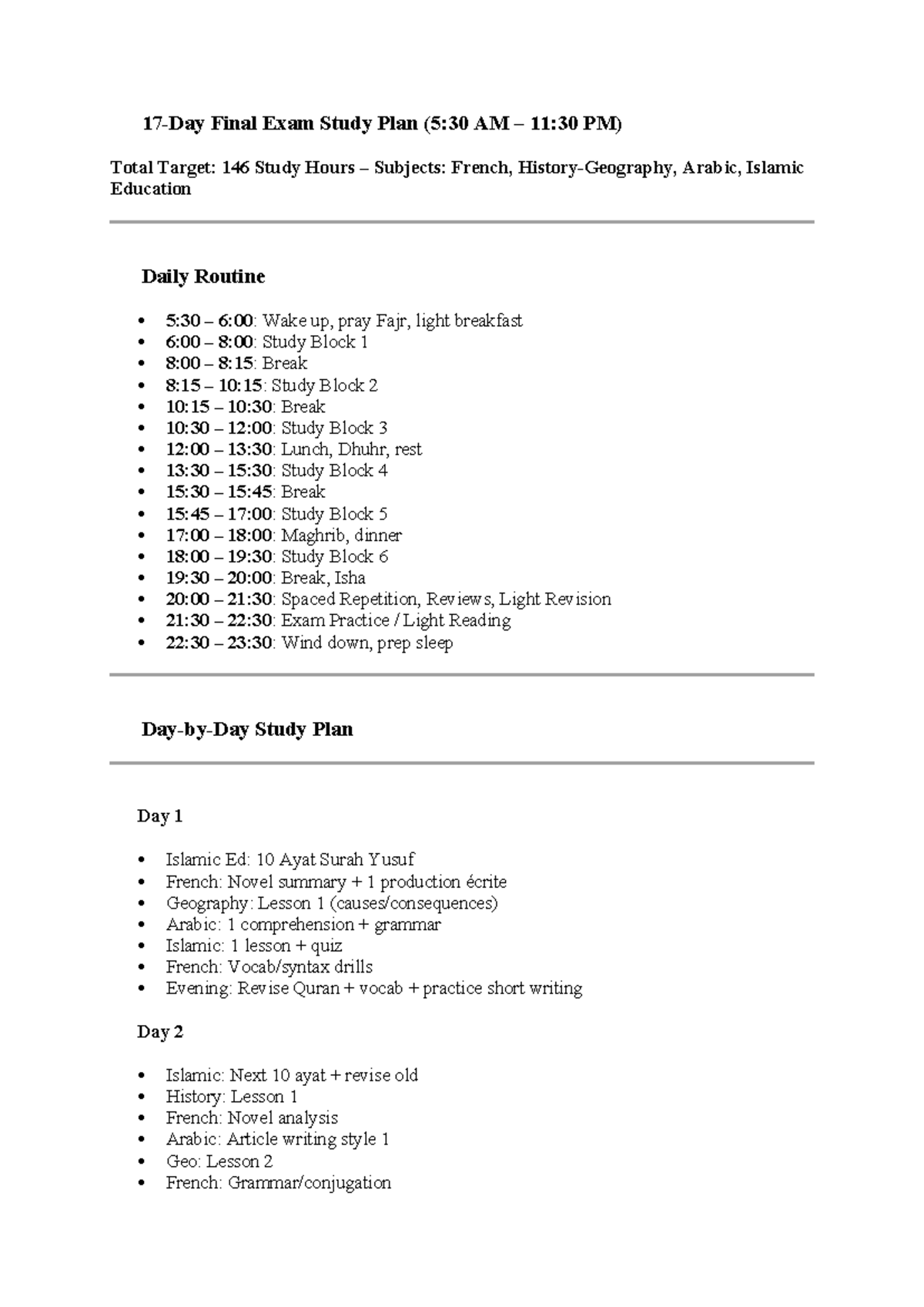 Final Exam Study Plan for Islamic Ed, French, Arabic (17 Days) - Studocu
