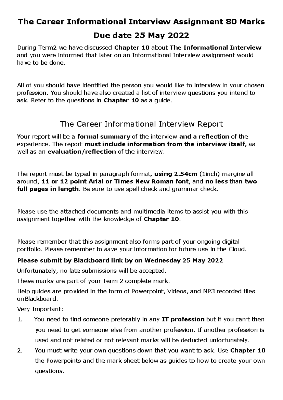 ITSM 2022 The Career Informational Interview Assignment 80 Marks - The ...
