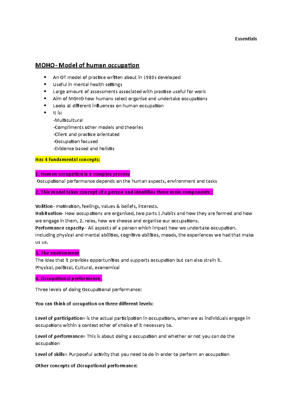 Essentials week 13- MOHO model - Essentials MOHO- Model of human ...