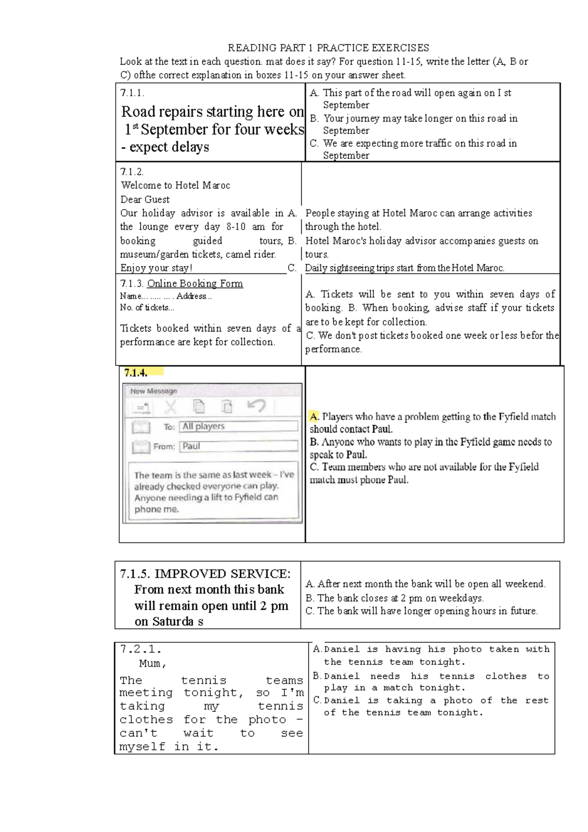 Reading B1 Practice Exercises - Tiếng Anh Free - Studocu