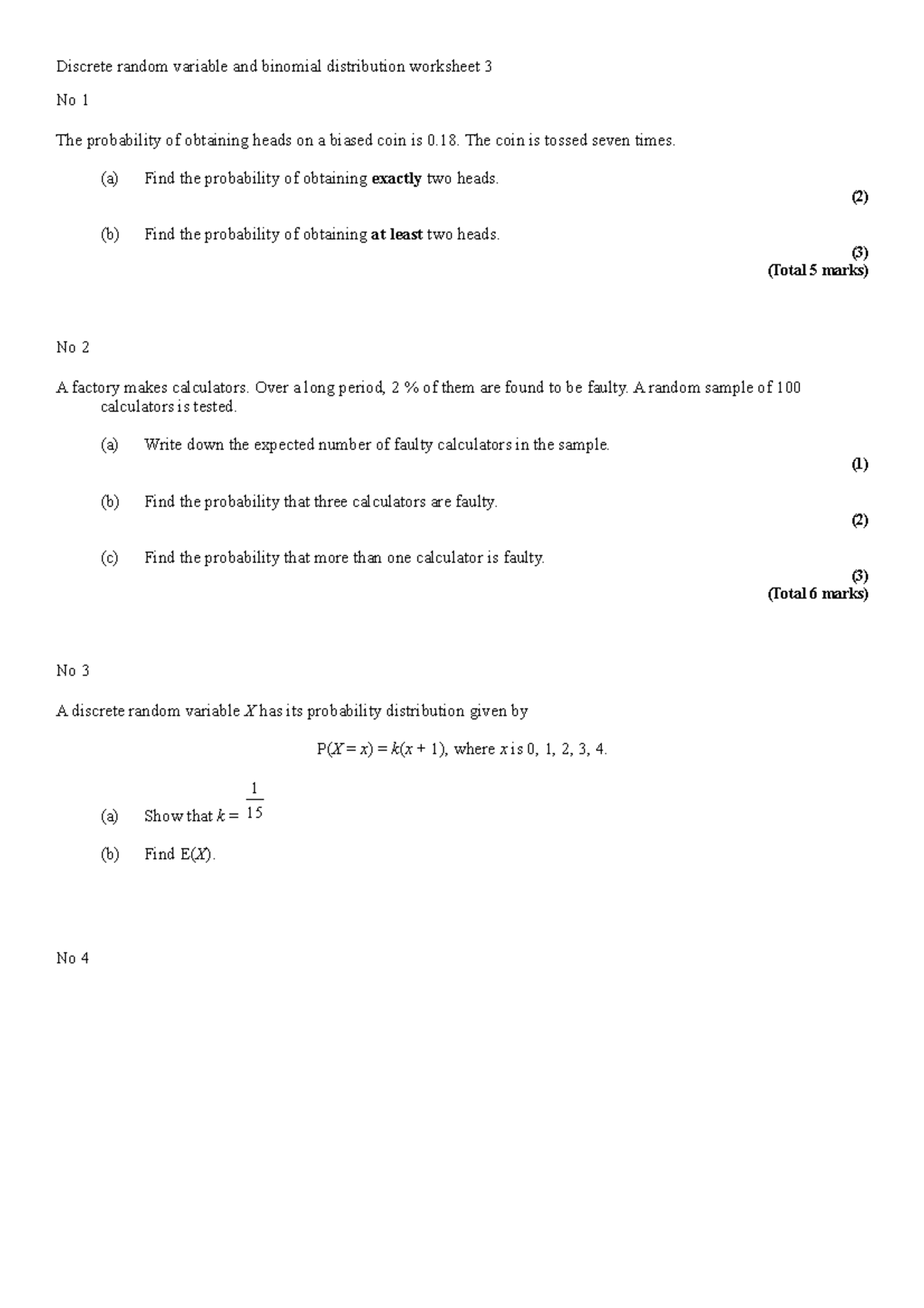 Discrete Random Variable & Binomial Distribution Worksheet 3 - Studocu