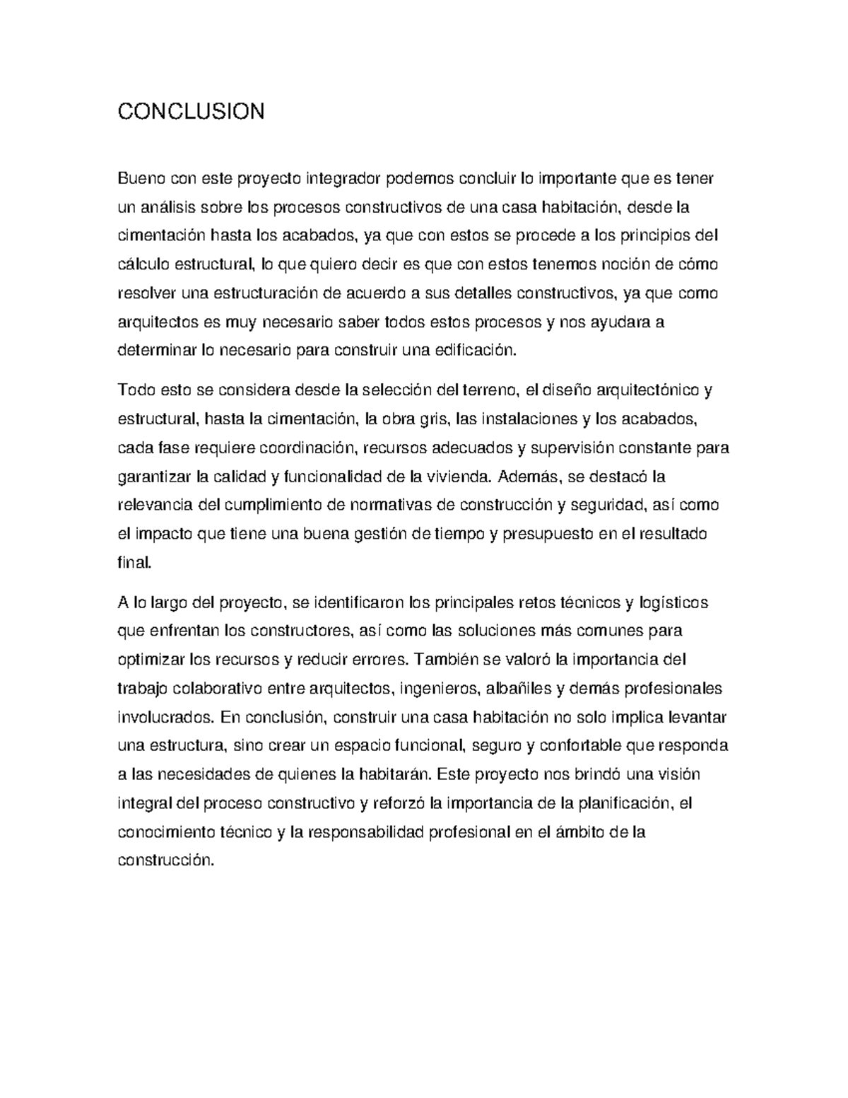 Conclusión del Proyecto Integrador: Análisis de Procesos Constructivos ...