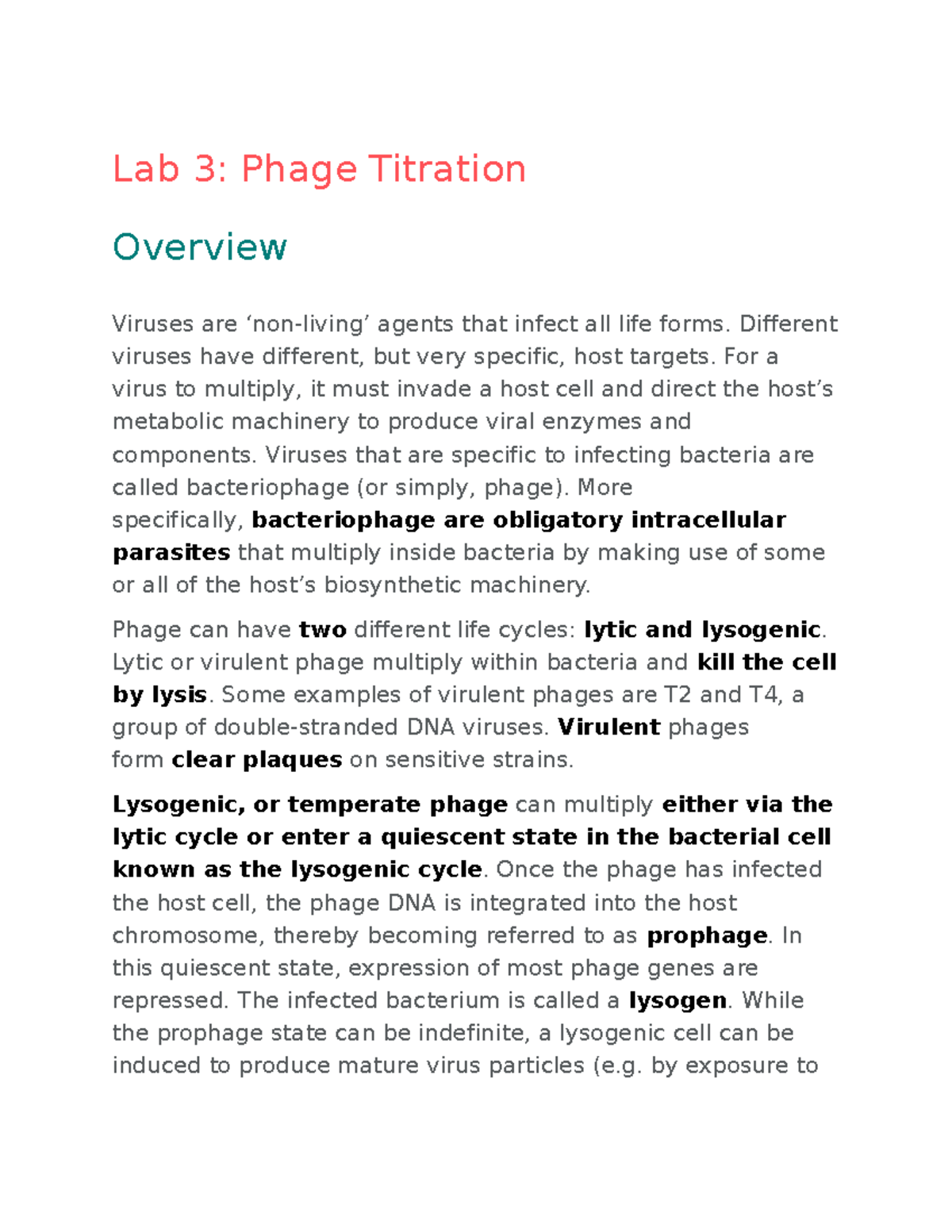 Lab 3 - Phage Titration: Understanding Bacteriophage Dynamics - Studocu
