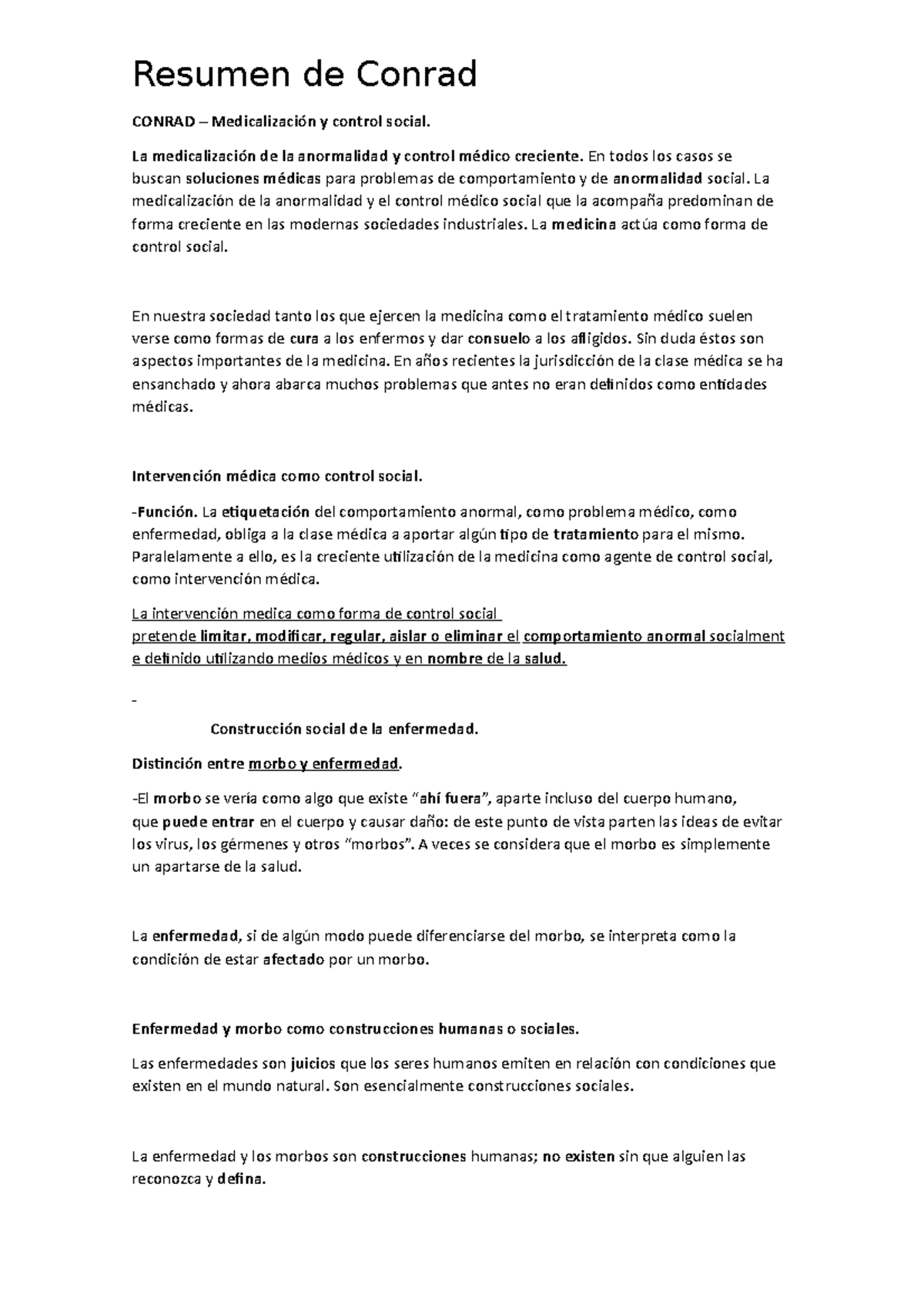 Resumen de Conrad: Medicalización y Control Social en la Medicina - Studocu
