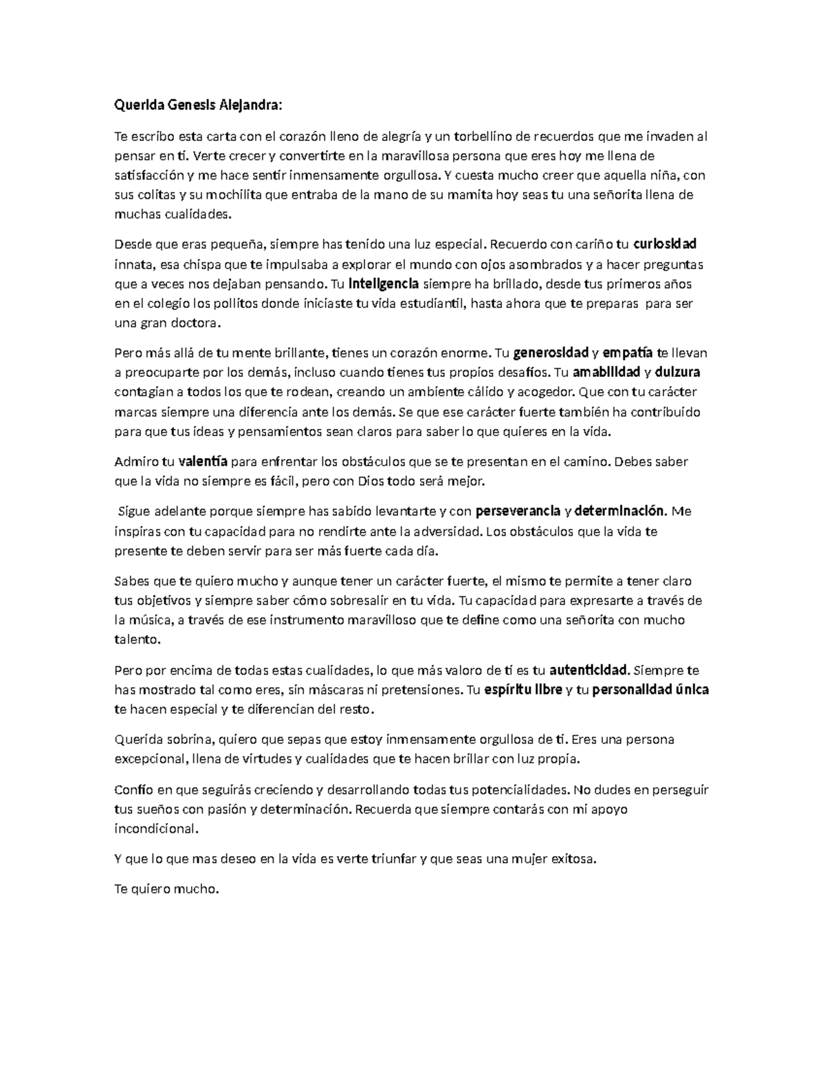 Querida Genesis - carta dedicatoria - Querida Genesis Alejandra: Te escribo esta carta con el ...