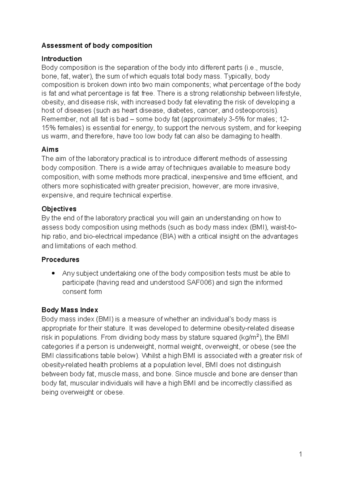 Body Composition Schedule 21-22 SF module - Assessment of body ...