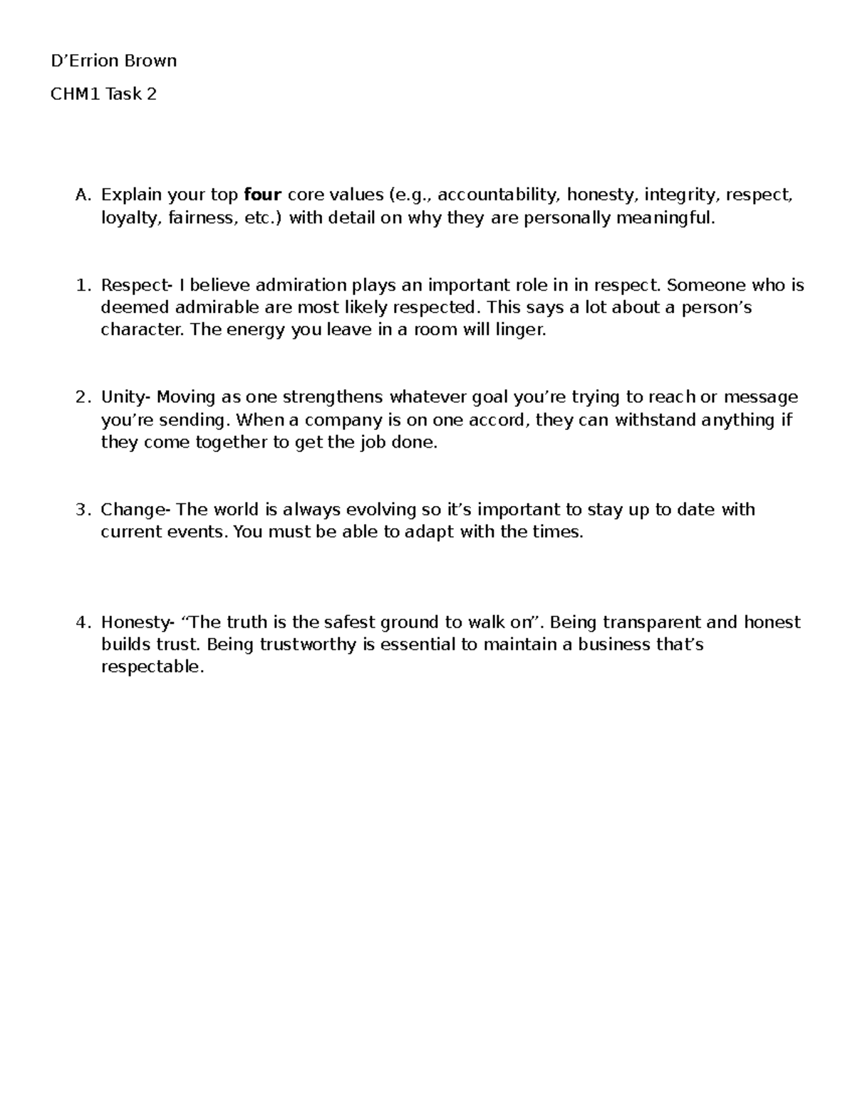 Brown CHM1 Task 2 - Core Values and Social Responsibility Analysis ...
