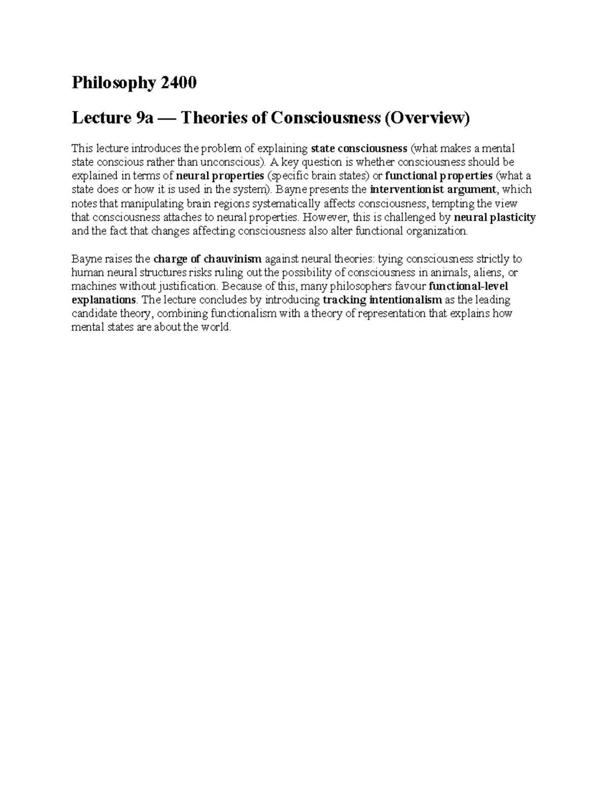 Philosophy 2400 Lecture 9a Summary: Theories of Consciousness - Studocu
